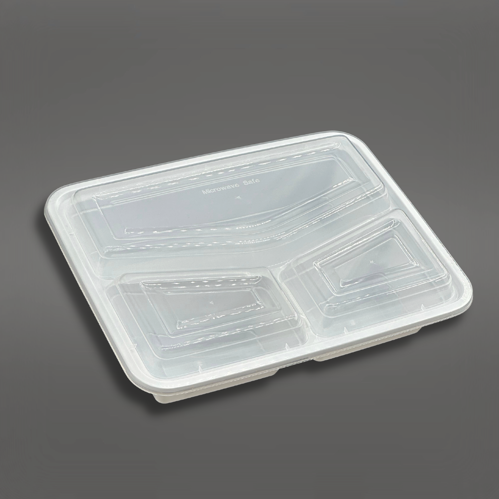 RE-342 (w/Regular) White 3 Compt. Rect. Plastic Container – HD Bio Packaging