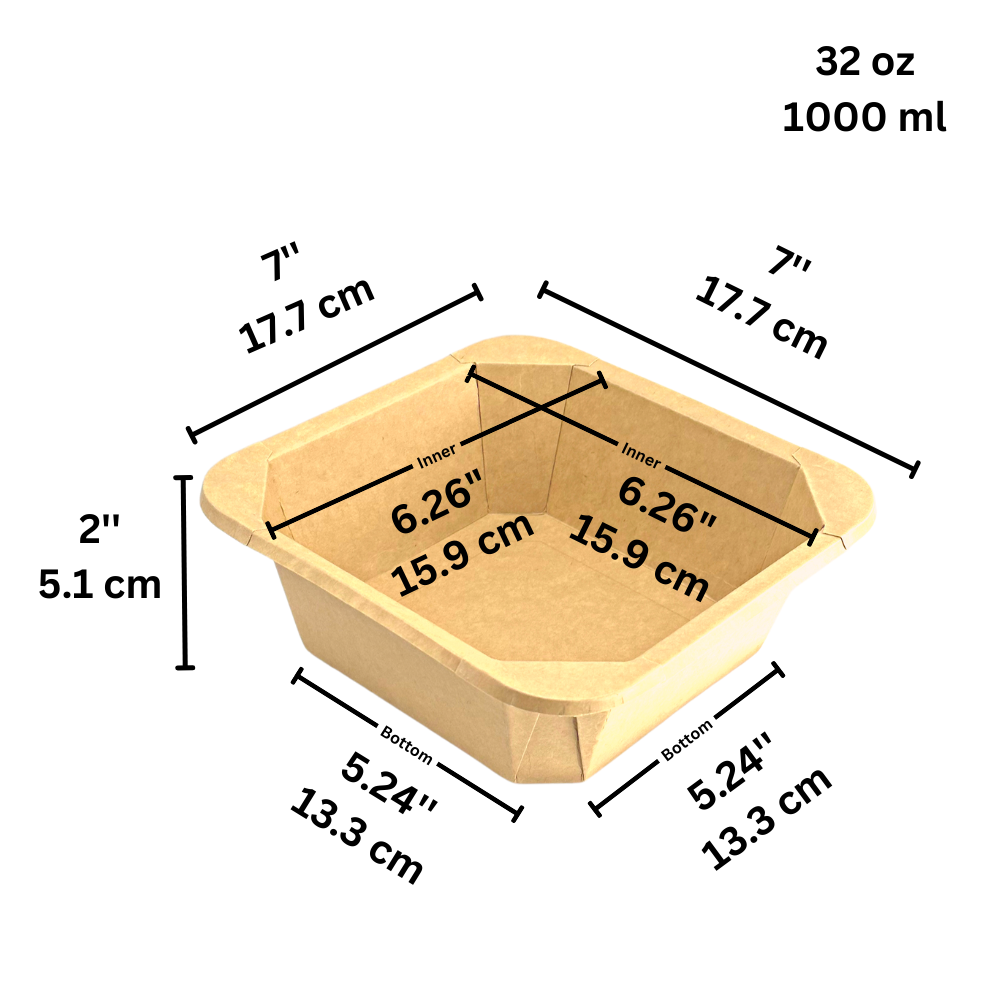 #1000S | 32oz Kraft Square Paper Container | 159x159mm Top - 300 Pcs ...