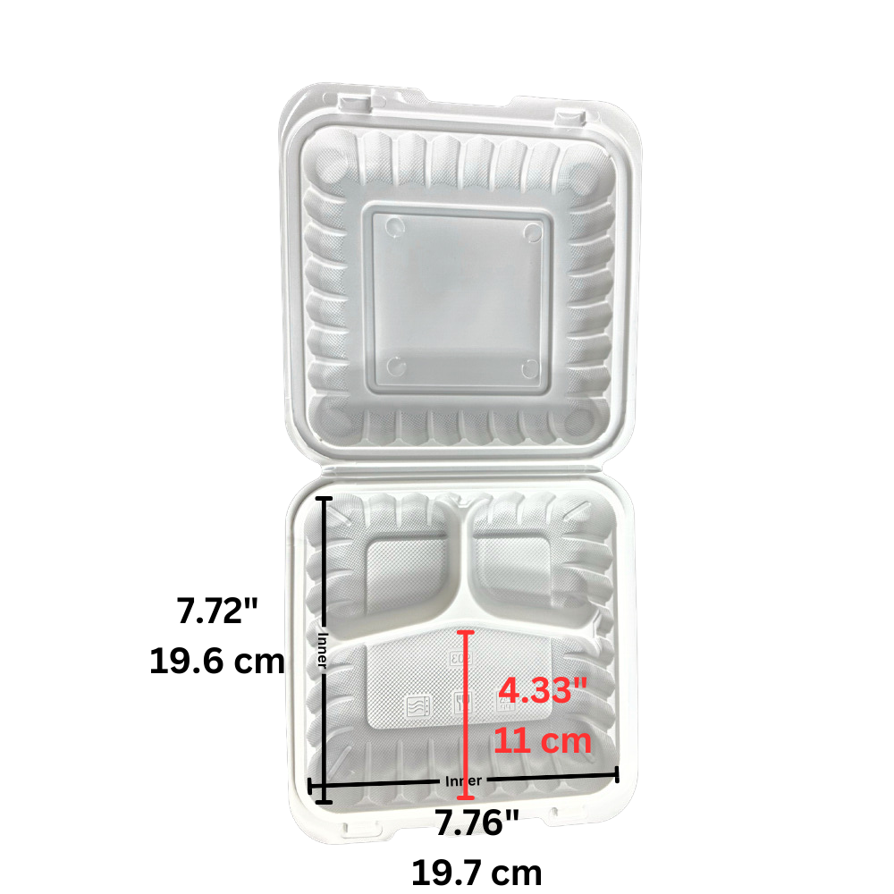 #93 3 Compartment Microwavable Square Clamshell Food Container W/ Hole ...