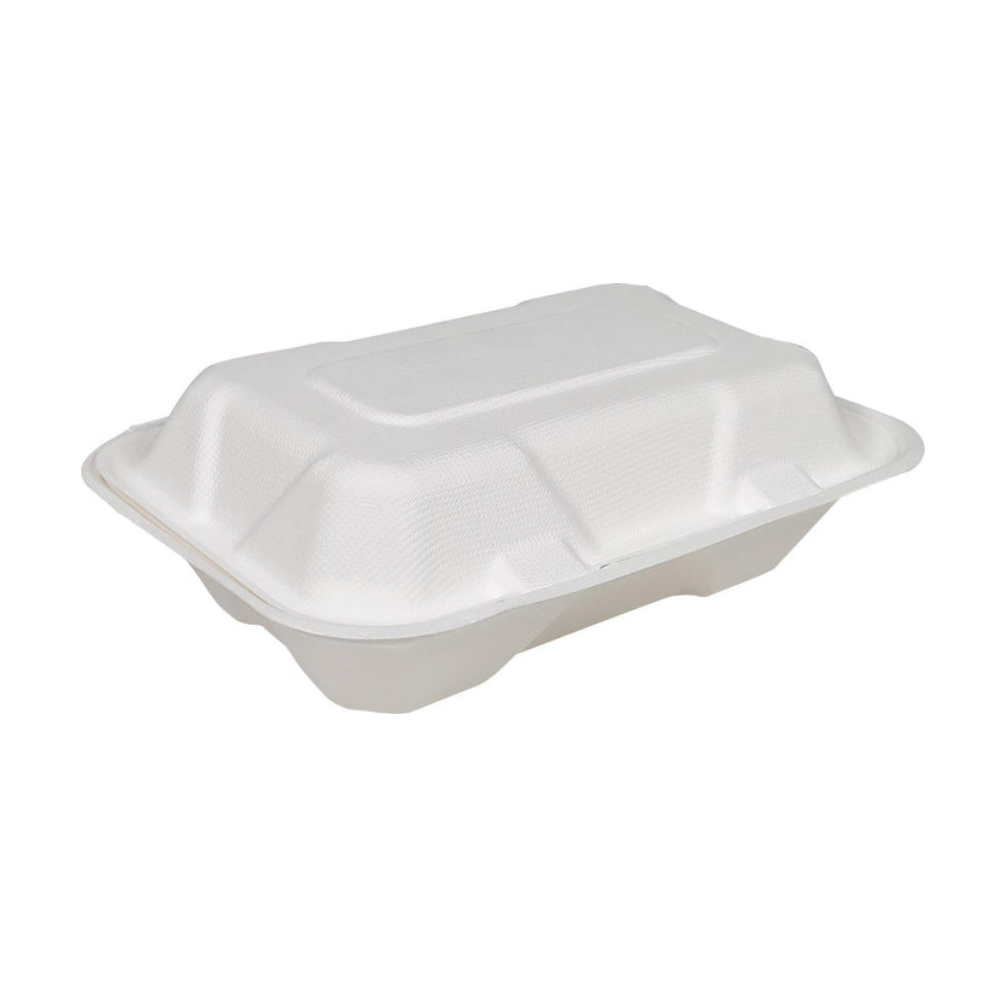 HD-B034 | Sugarcane Clamshell Food Container | 9x6x3" – HD Bio Packaging