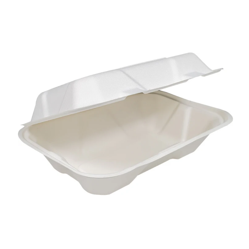 HD-B034 | Sugarcane Clamshell Food Container | 9x6x3" – HD Bio Packaging
