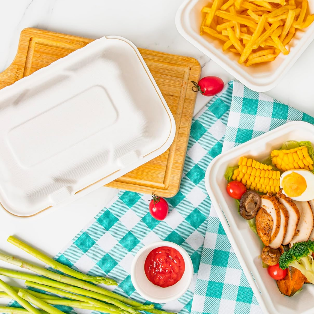 HD-B034 | Sugarcane Clamshell Food Container | 9x6x3" – HD Bio Packaging