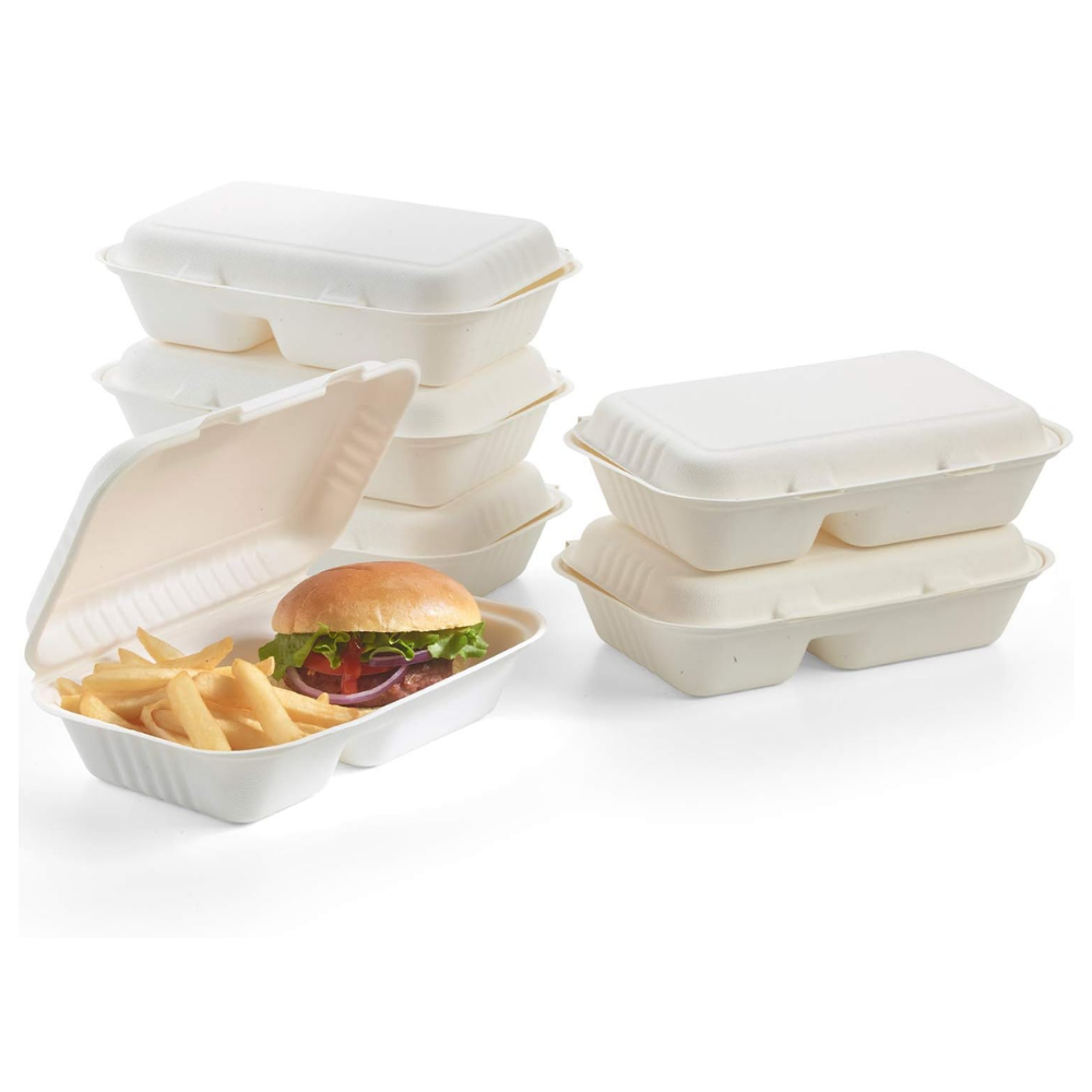 HD-CCS96-2 32oz Sugarcane Clamshell Food Container 9x6x2.6" 2 Compart ...