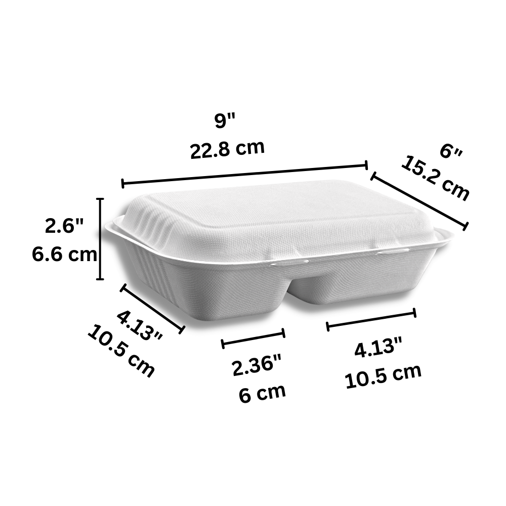 HD-CCS96-2 32oz Sugarcane Clamshell Food Container 9x6x2.6" 2 Compart ...
