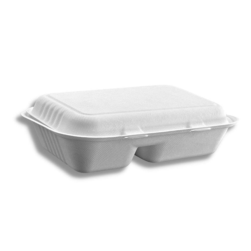 HD-CCS96-2 32oz Sugarcane Clamshell Food Container 9x6x2.6" 2 Compart ...