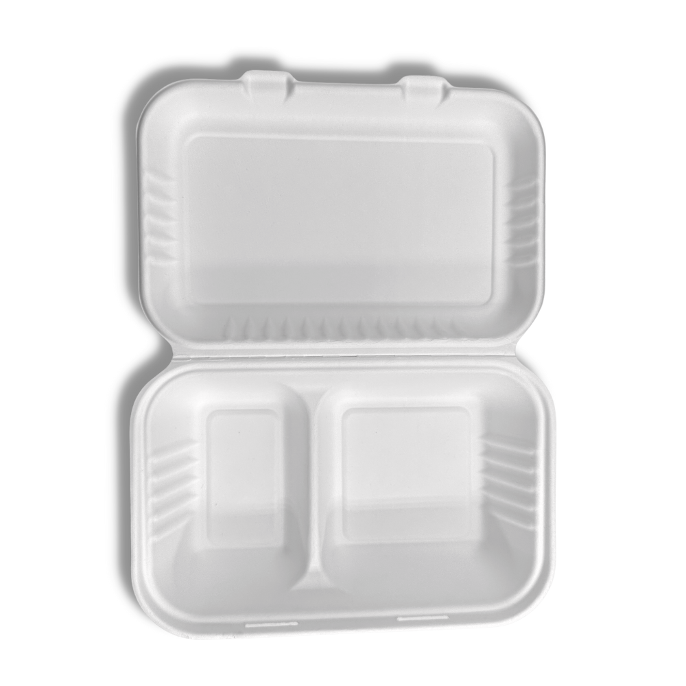 HD-CCS96-2 32oz Sugarcane Clamshell Food Container 9x6x2.6" 2 Compart ...