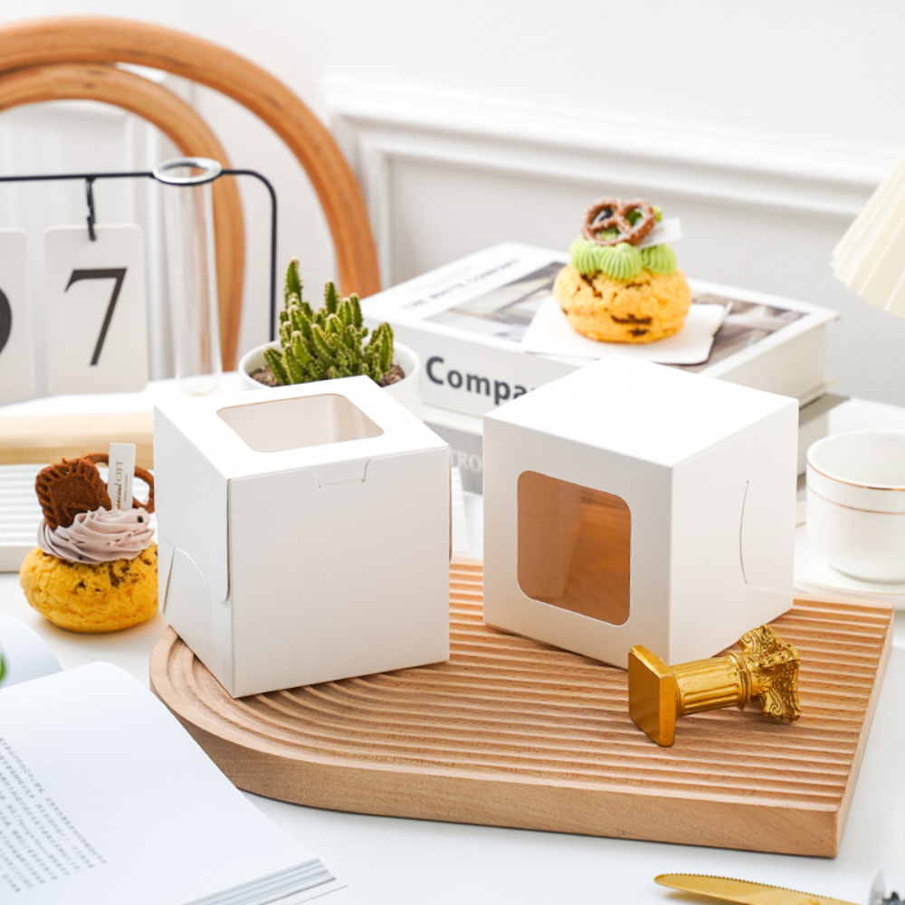 4.25x4.25x4.25" White Cake Paper Box With Window Paperboard Bakery Box ...