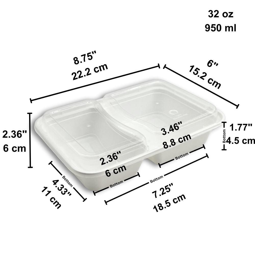 ZS-96232 32oz PP White Rectangular Container W/Vent Lid 2 Compartment – HD Bio Packaging